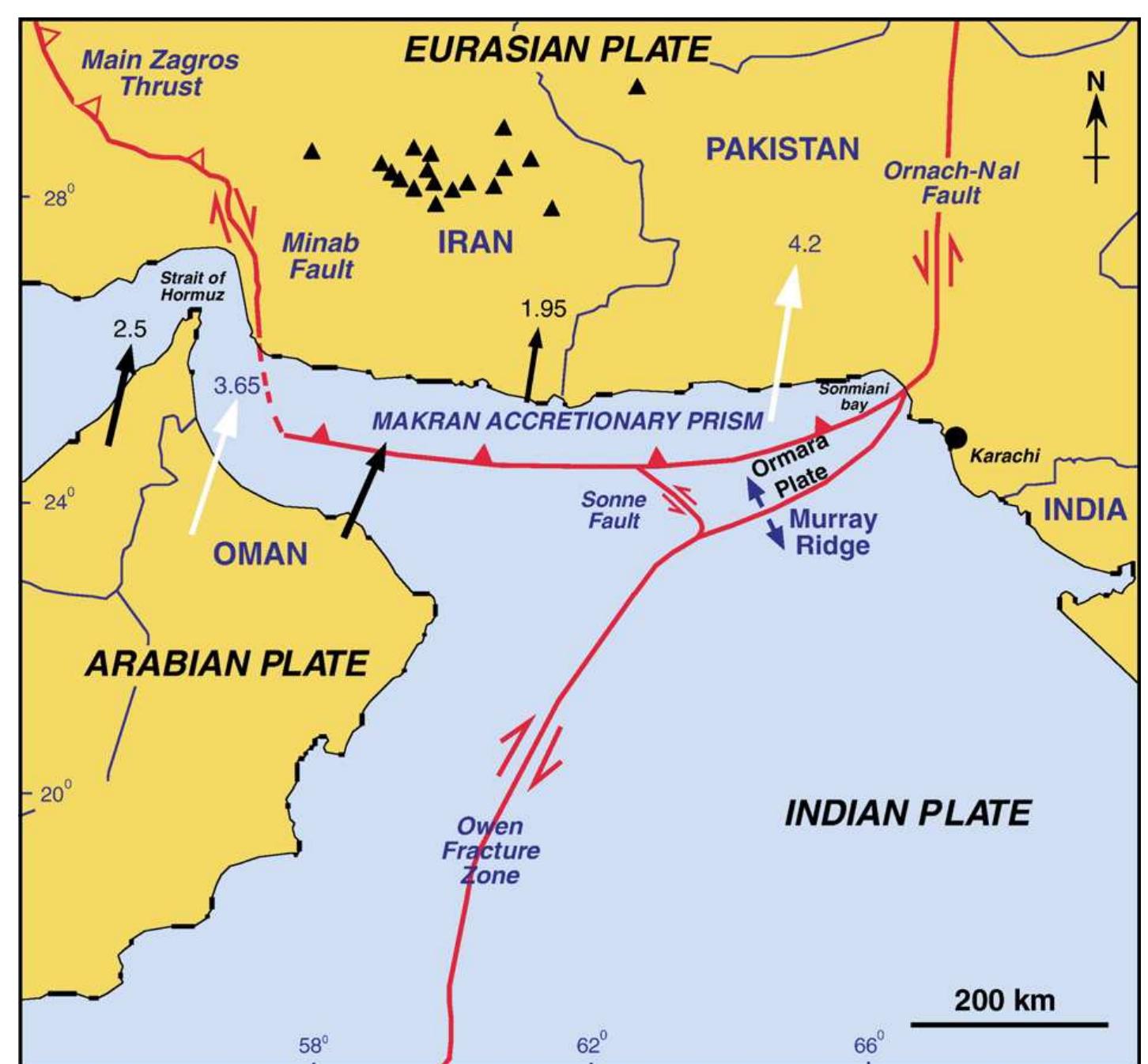 Tectonic map of the arabian, indian and eurasian plates