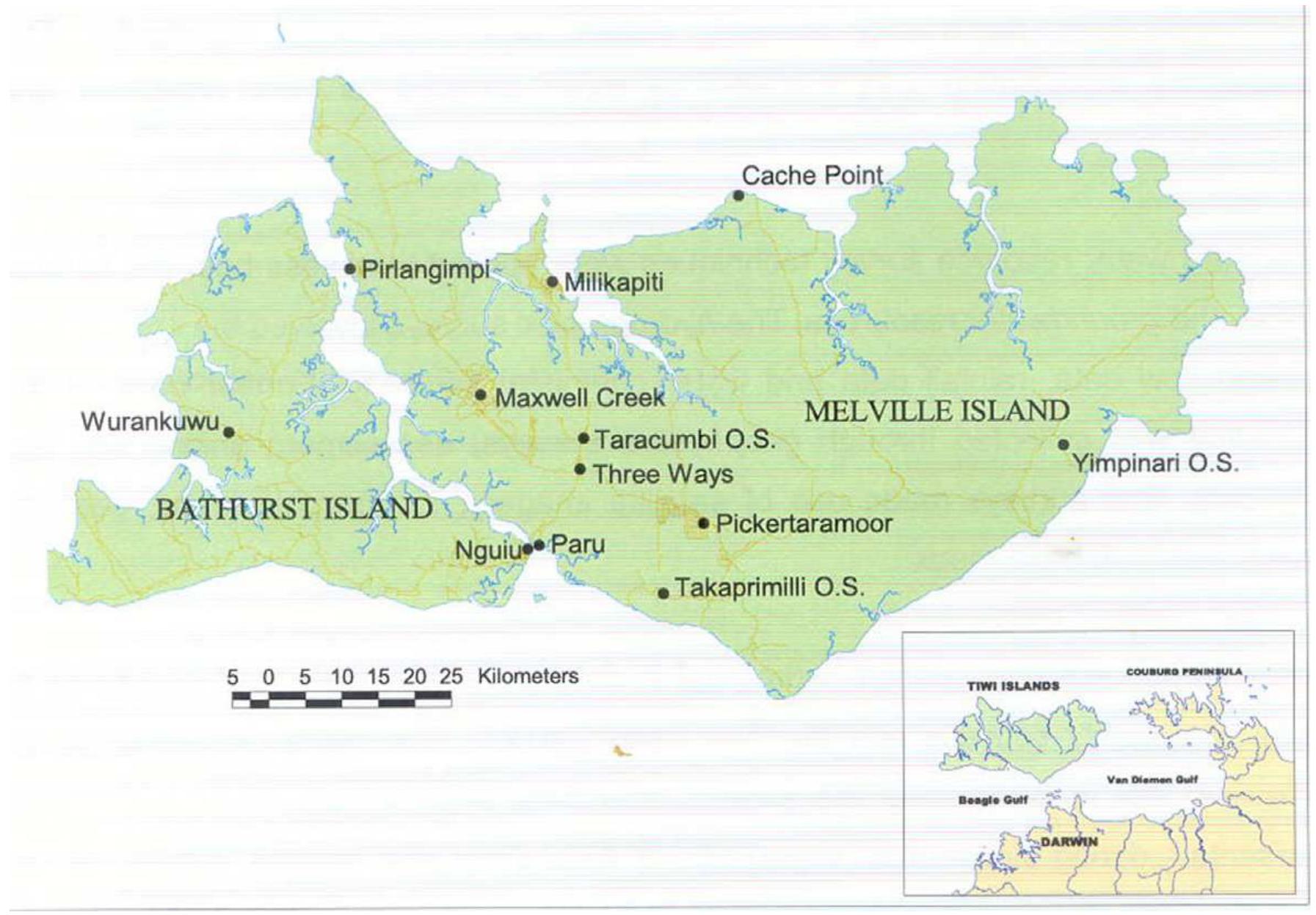 Map of towns and outstations of the tiwi islands.