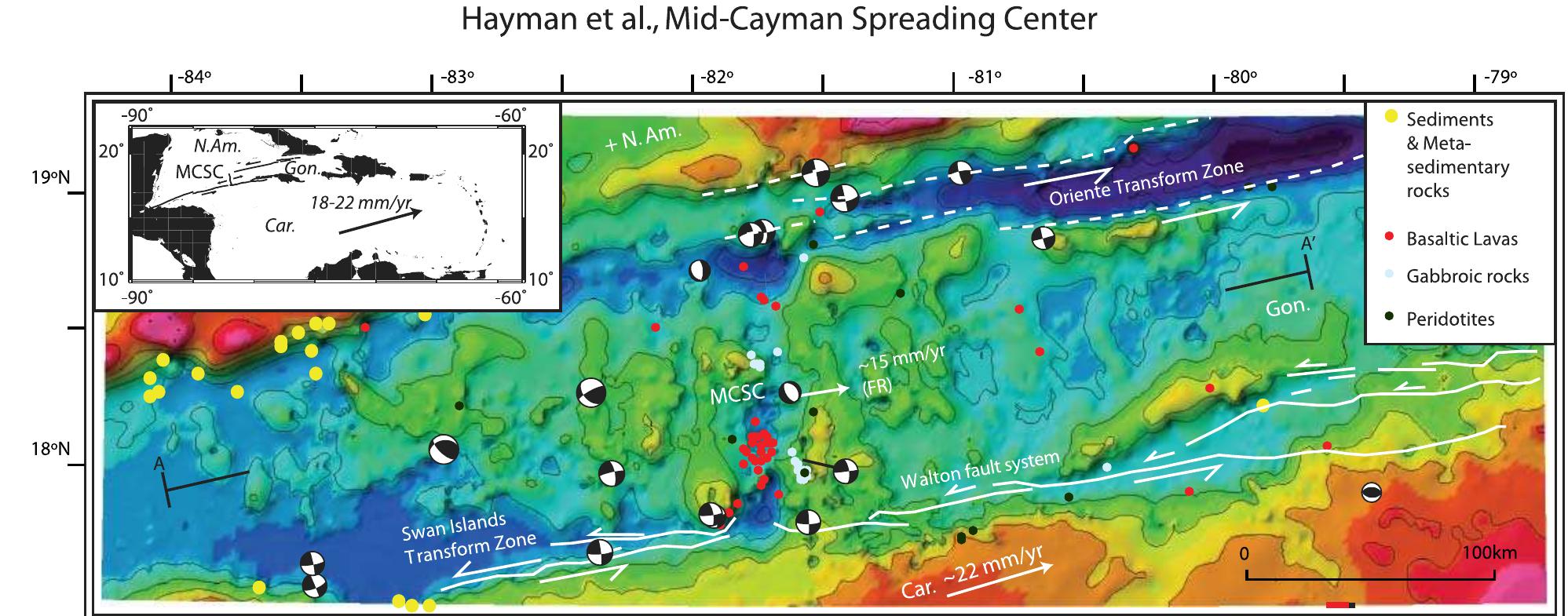 (inset) location of the mid-cayman spreading center (mcsc):