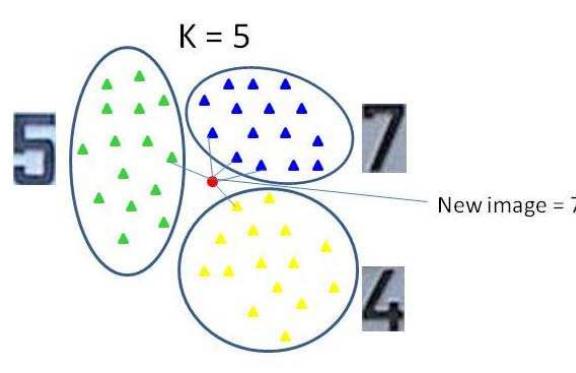 An example of k nearest neighbor with k=5. the new image