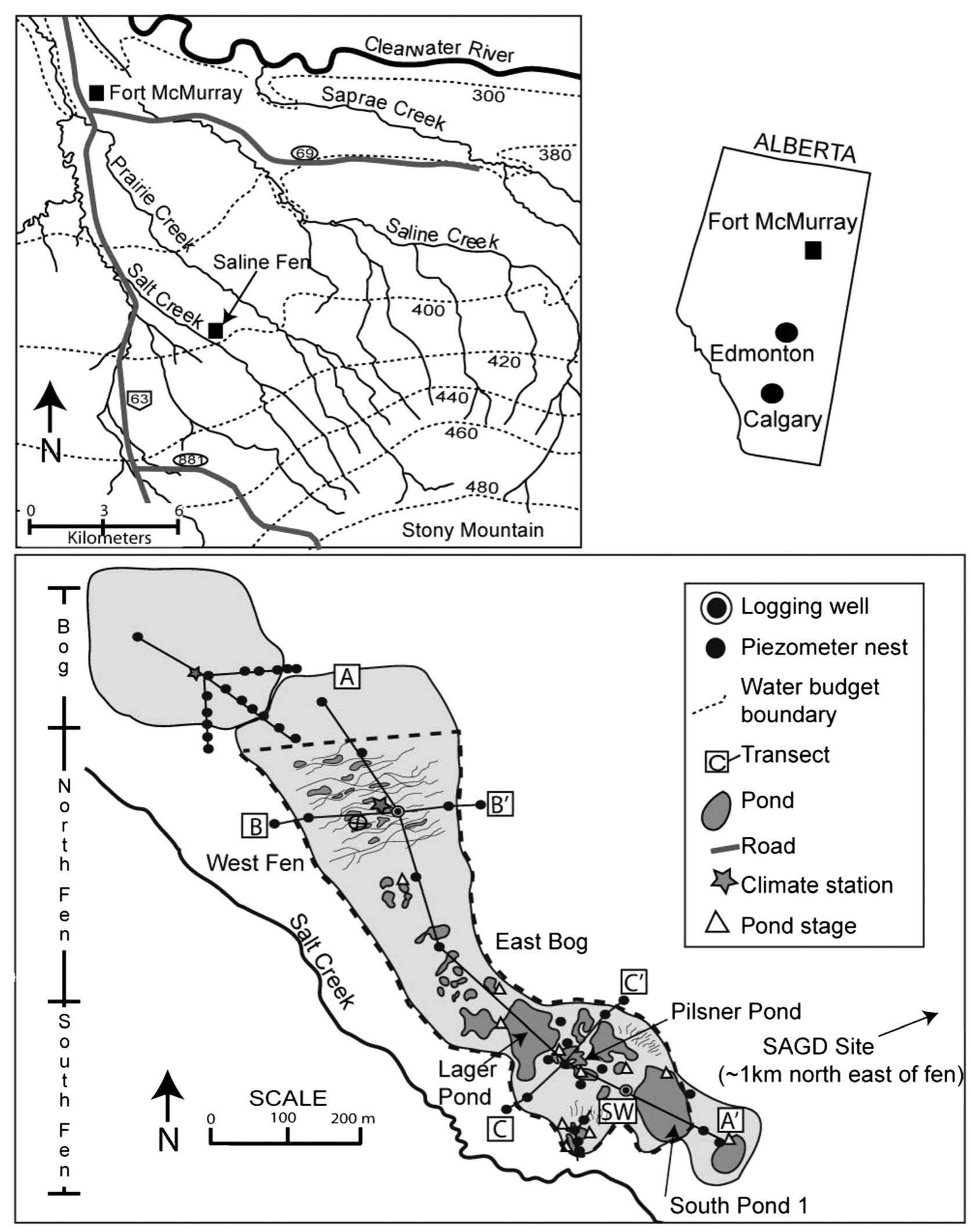 Map of the saline fen with site topography and location