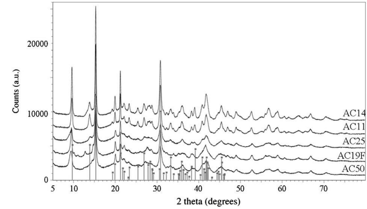 Magnified view (5-80° 20) of the diffraction patterns