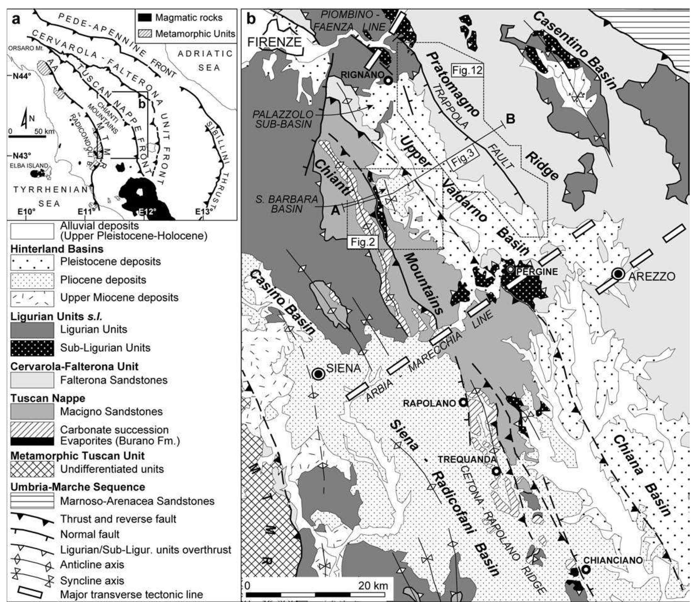 - a) schematic structural map showing the main thrust fronts