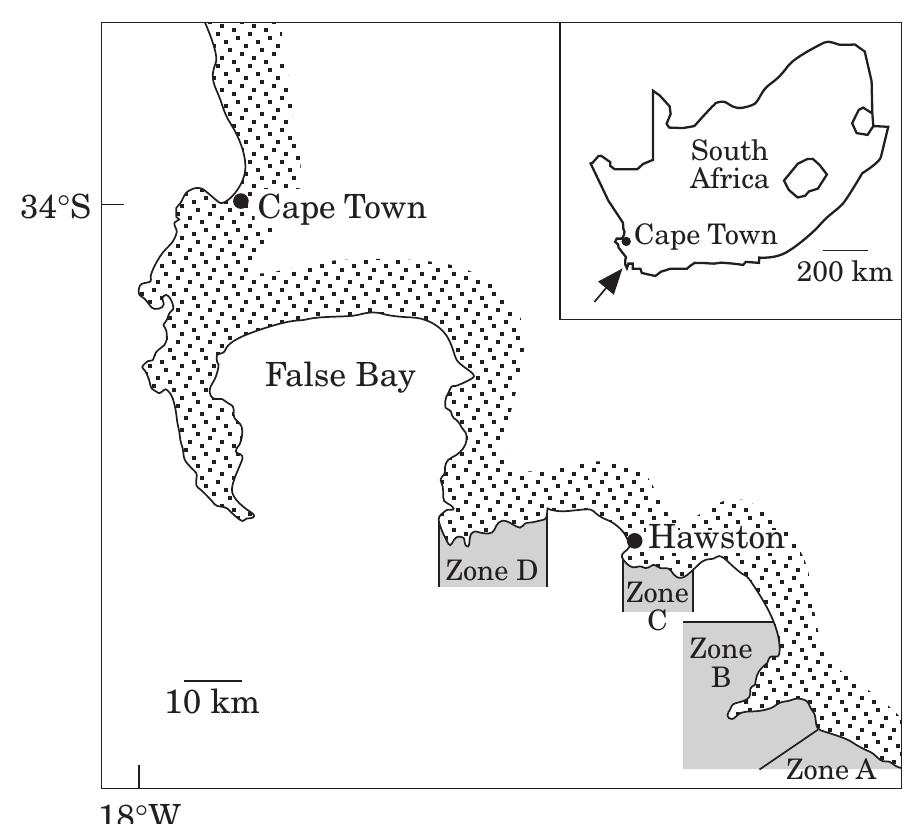Location of hawston and abalone fishing zones a-d on the