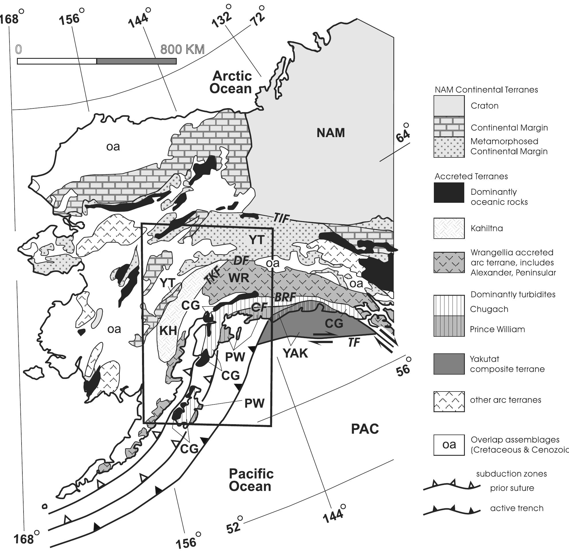 Tectonic setting of alaska. generalized terrane map by