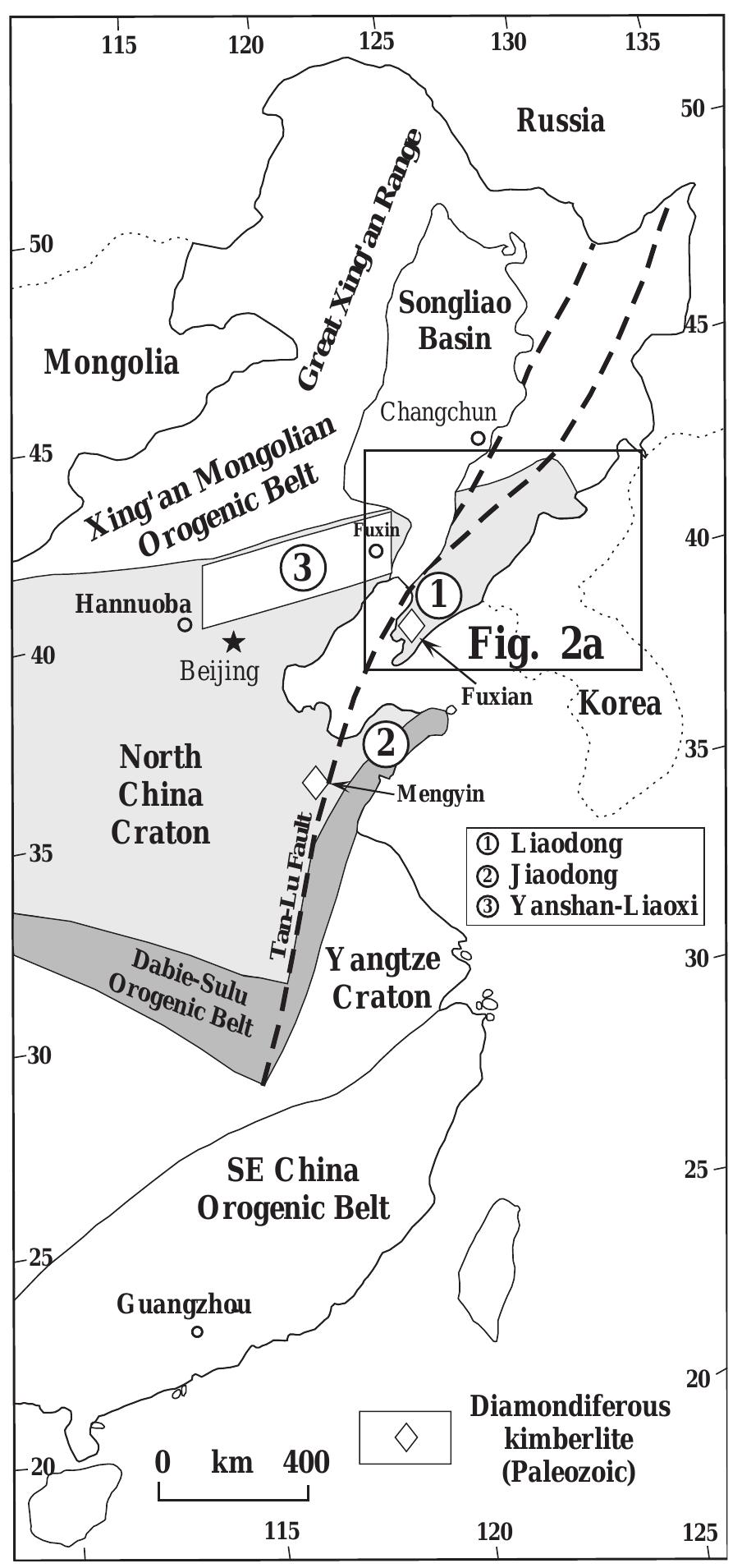Simplified geological map of eastern china, showing major