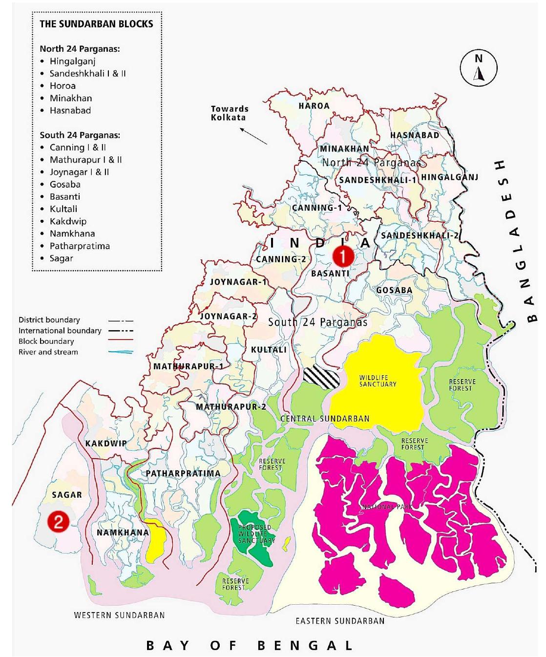 Map of indian sundarban showing study areas. | and 2 denoted