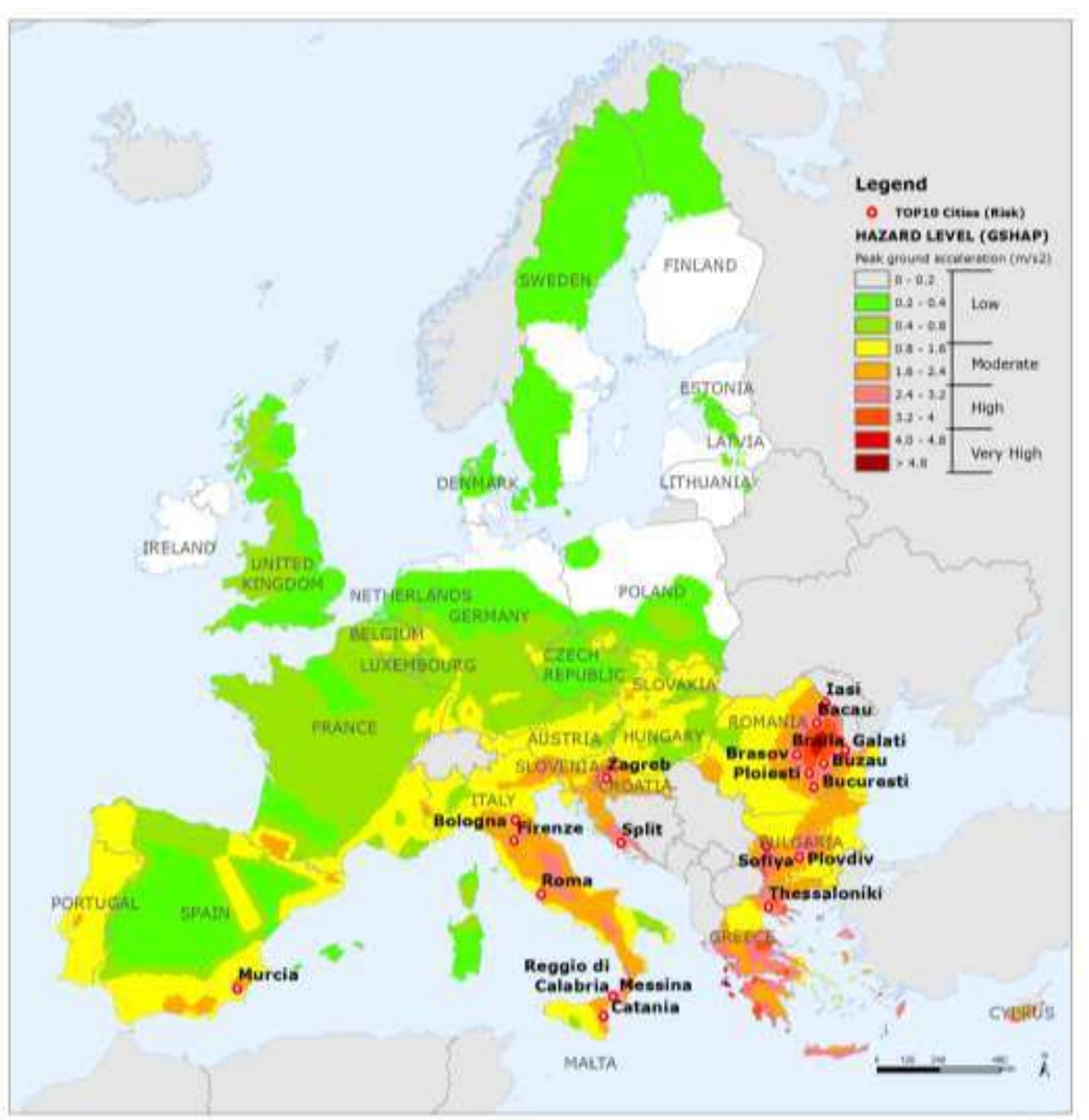 Earthquake hazard map, with top 20 cities at risk. source: