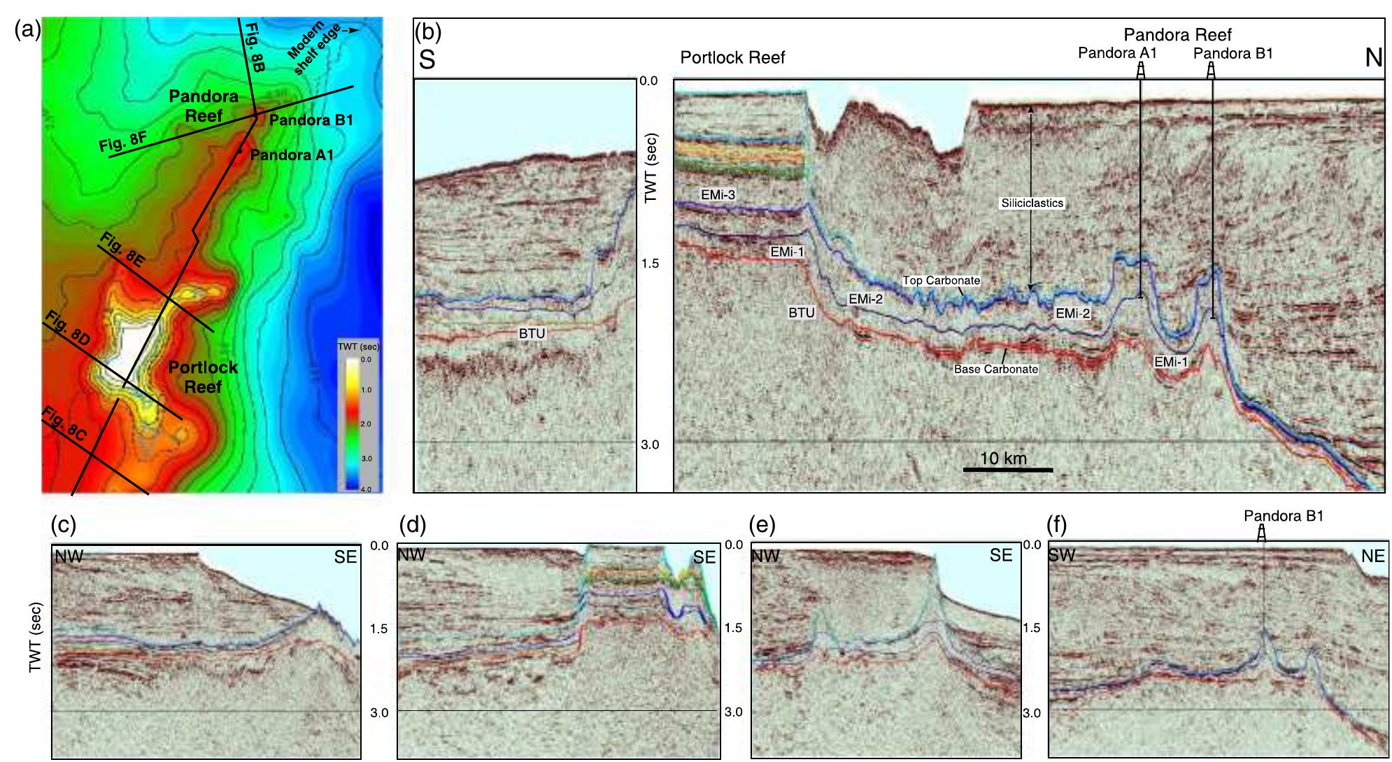 Time-structure map (in sec) and seismic cross-sections