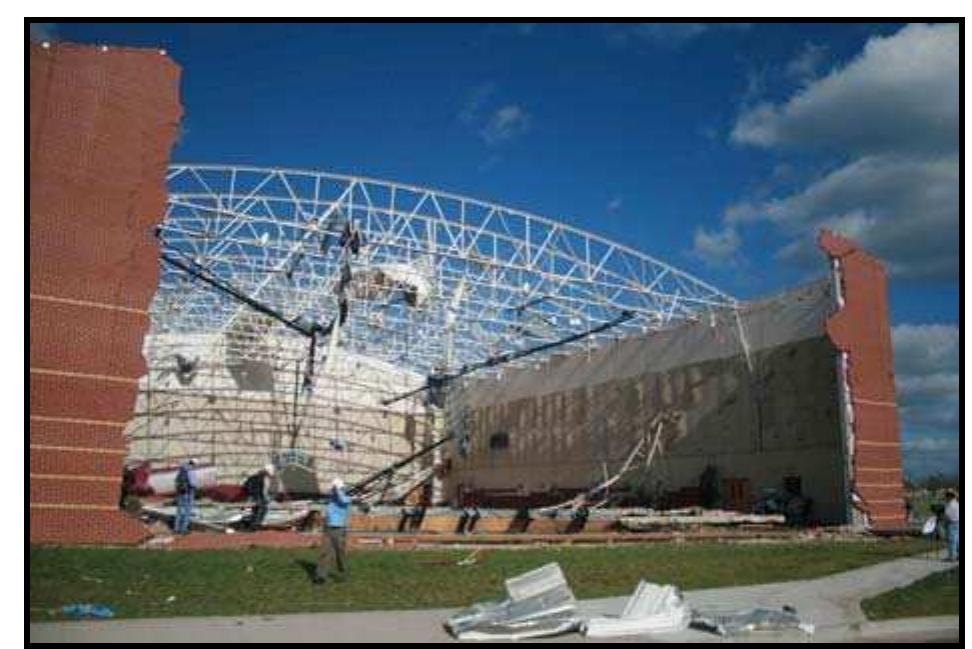 West wall in the gymnasium fell inward. the precast wall