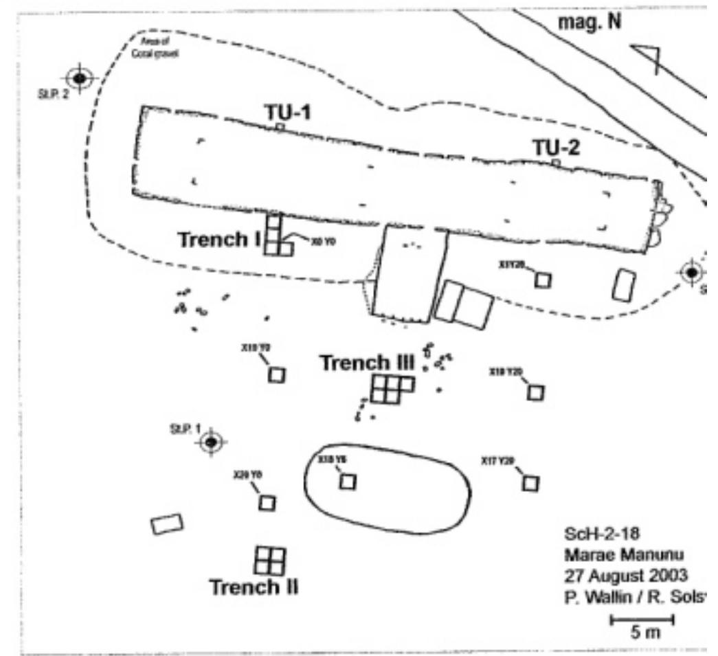Plan drawing of marae manunu with trenches indicated. just