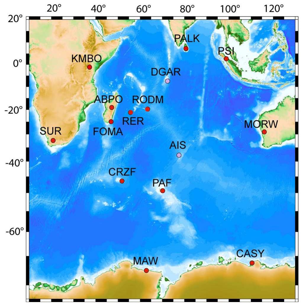 Map of the 15 permanent indian ocean seismic stations used