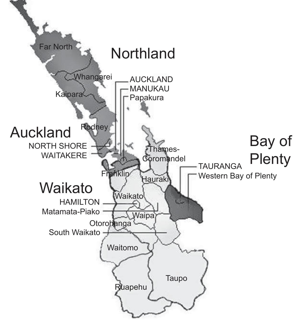 Map of waikato/lakes areas with hamilton as urban area and