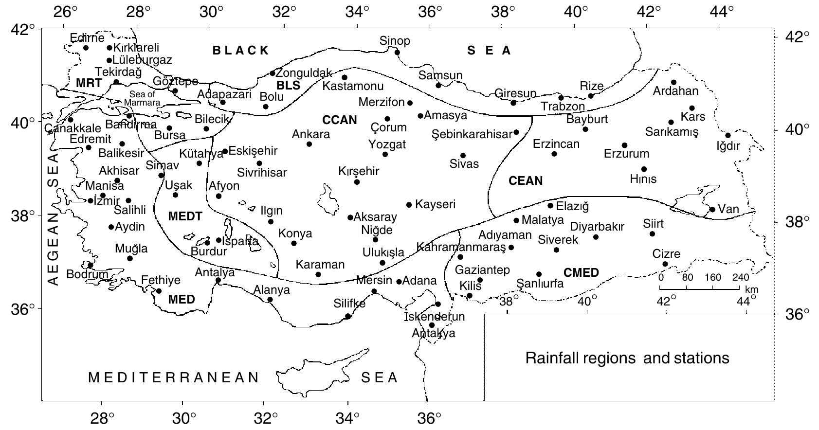 Location of the 78 stations over the rainfall regions of