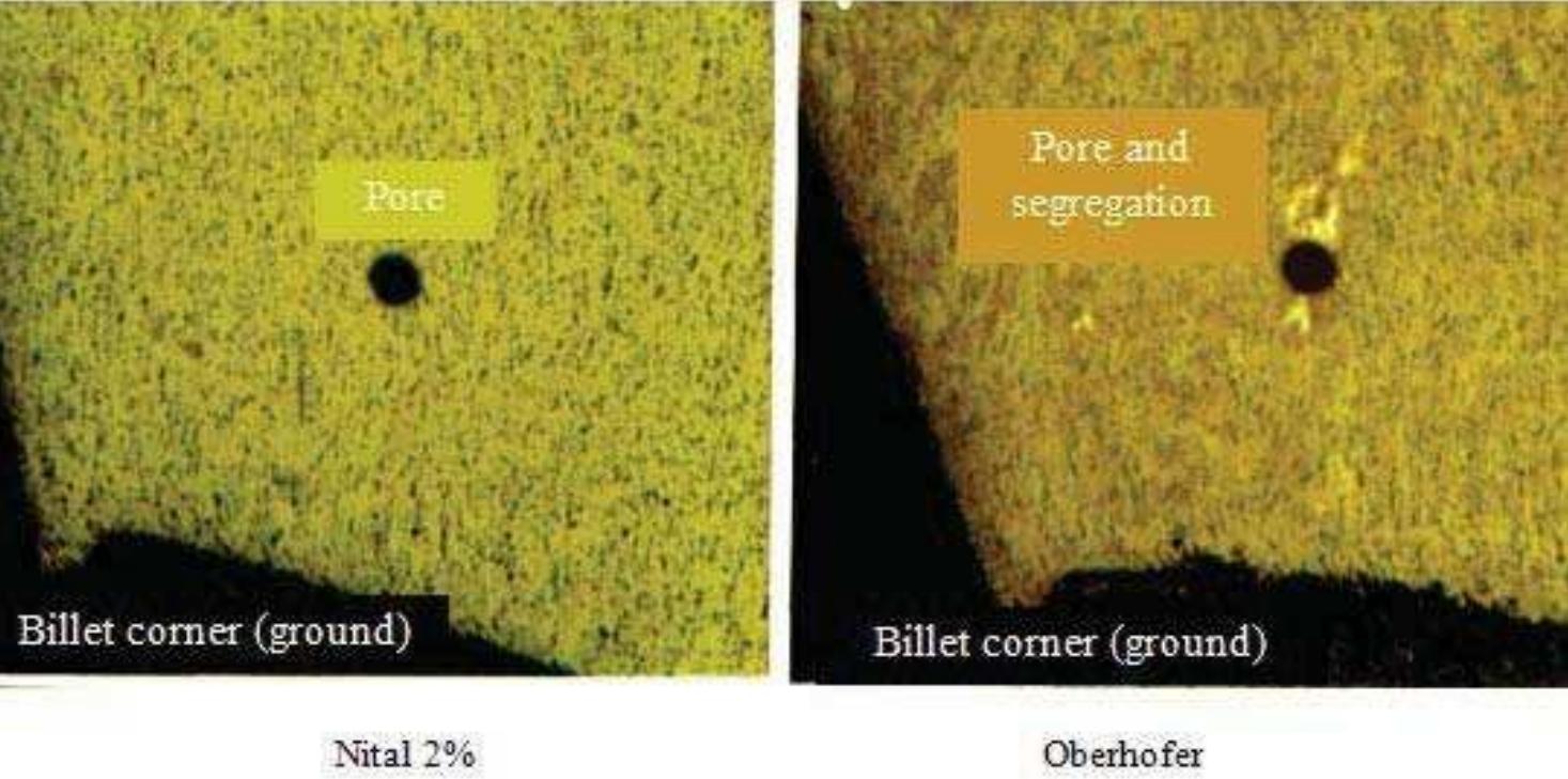 Transverse cut of a free cutting steel billet comer, showing