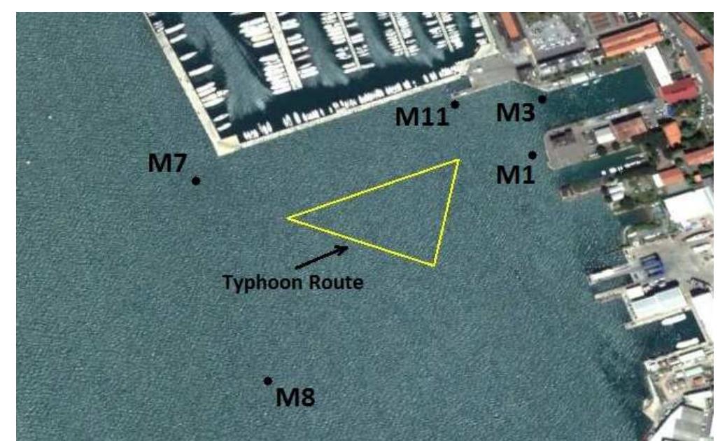 The typhoon nominal route and the nominal positions of the