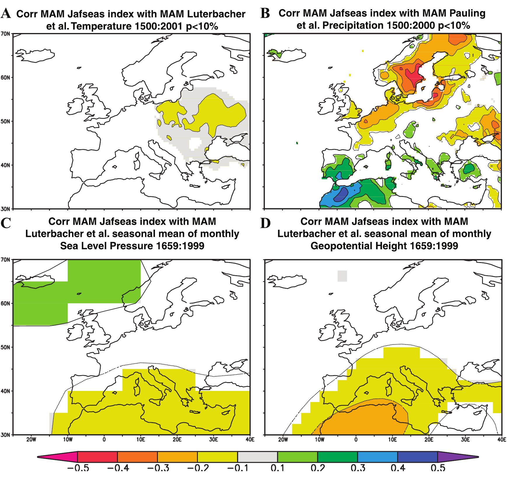 Correlation maps for the jaf tree-ring chronology with