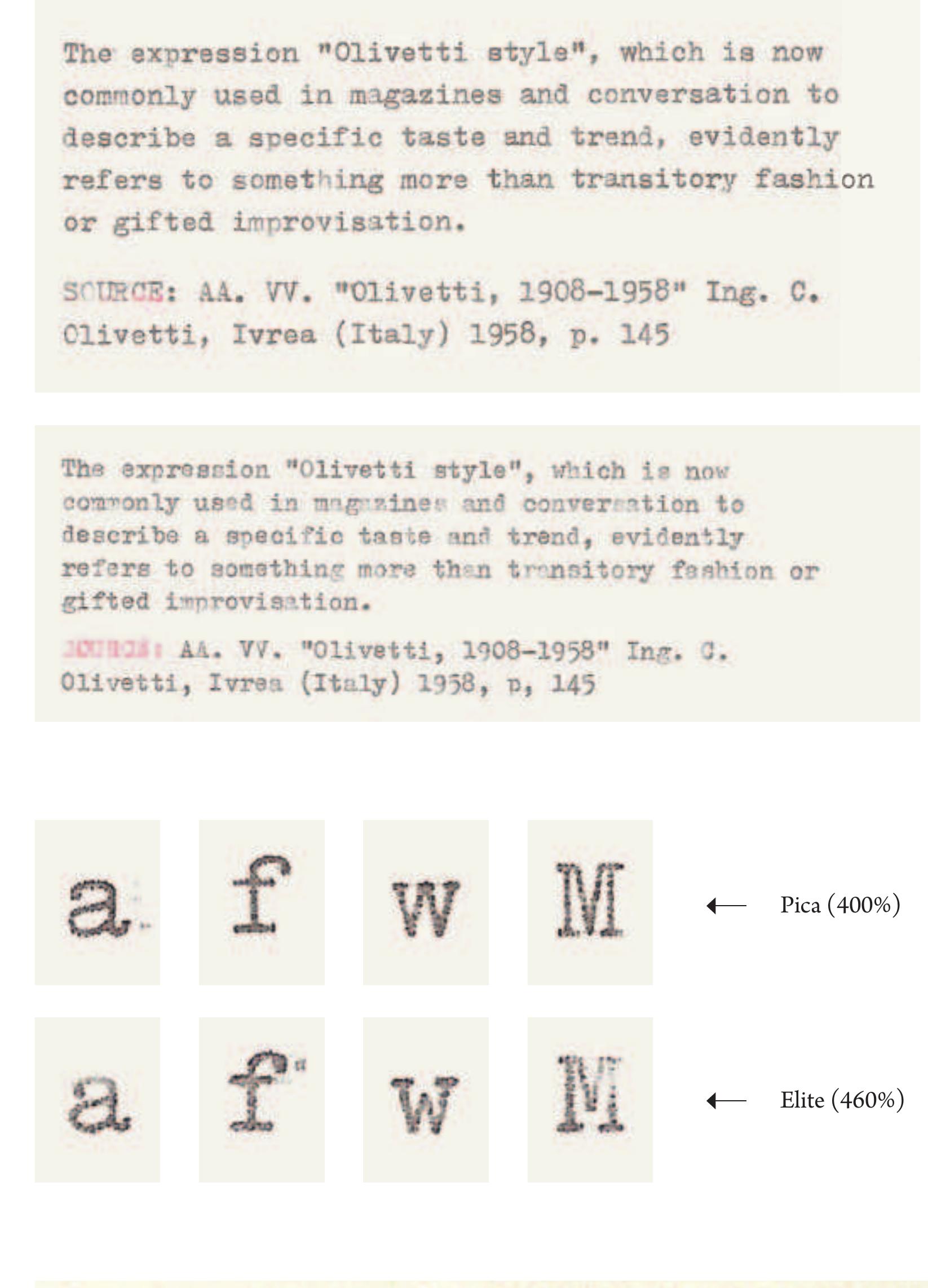 - samples of the olivetti conventional typeface offered in