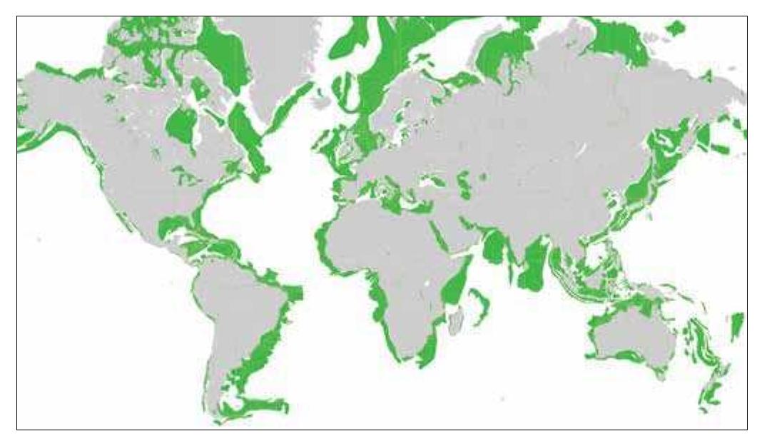 Major offshore sedimentary basins around the world (green).