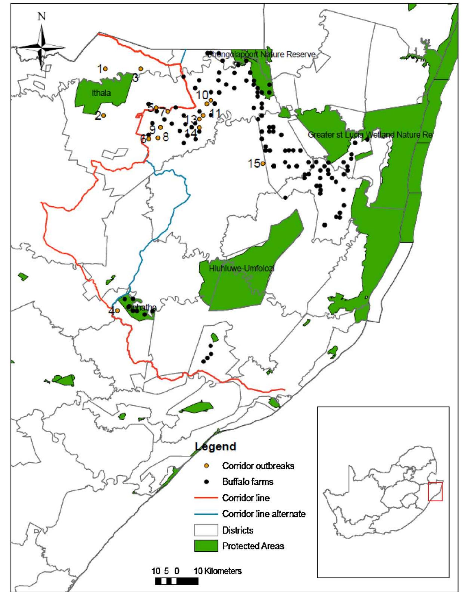 Distribution map of confirmed corridor disease outbreaks in