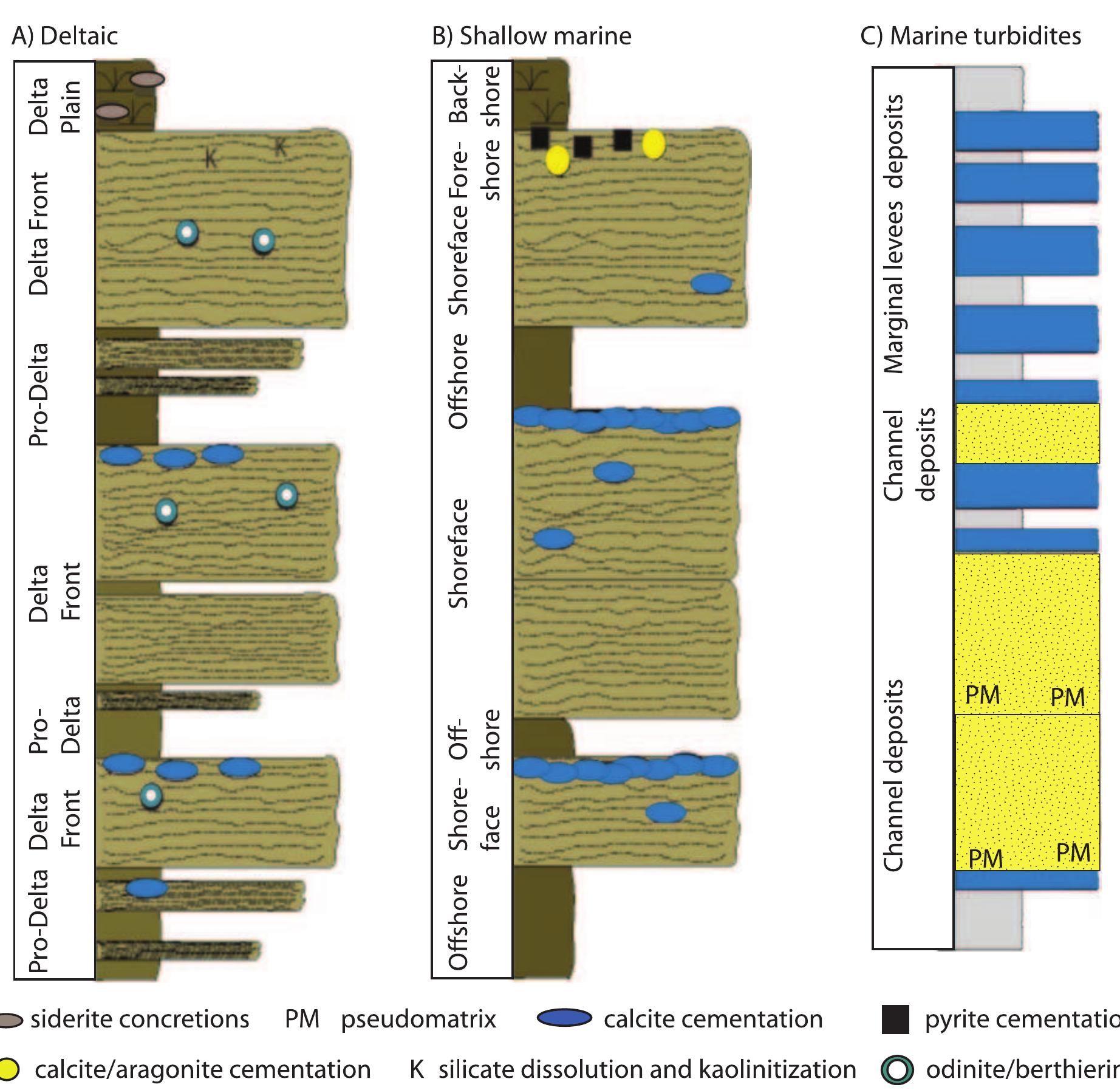 Cartoons showing diagenetic alterations characteristic of