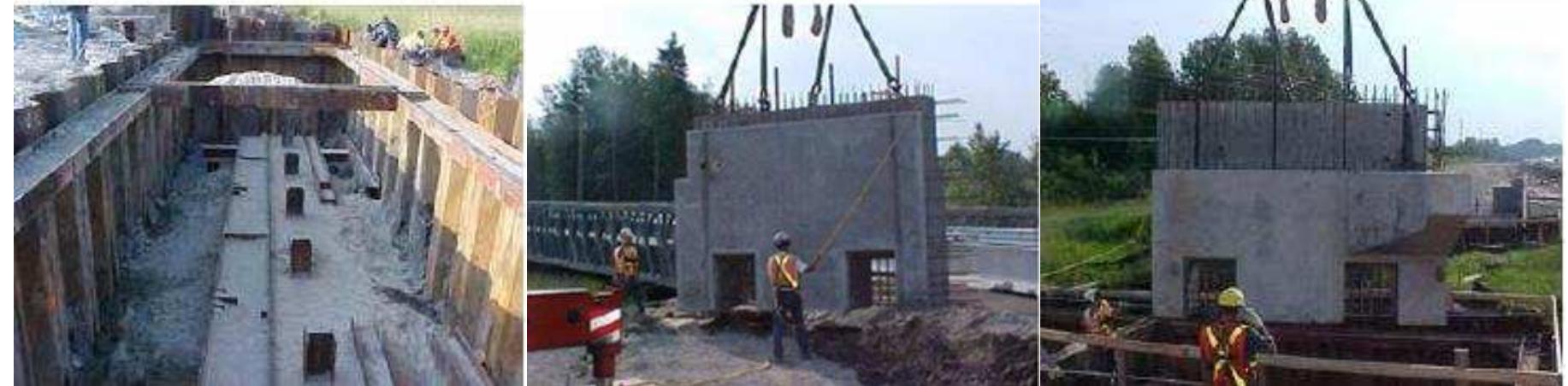 A) steel piles driven to soil b) precast abutment segment