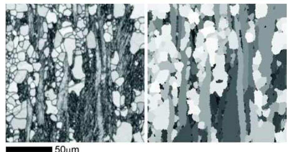 Iq map showing low iq values at grain boundaries and a grain