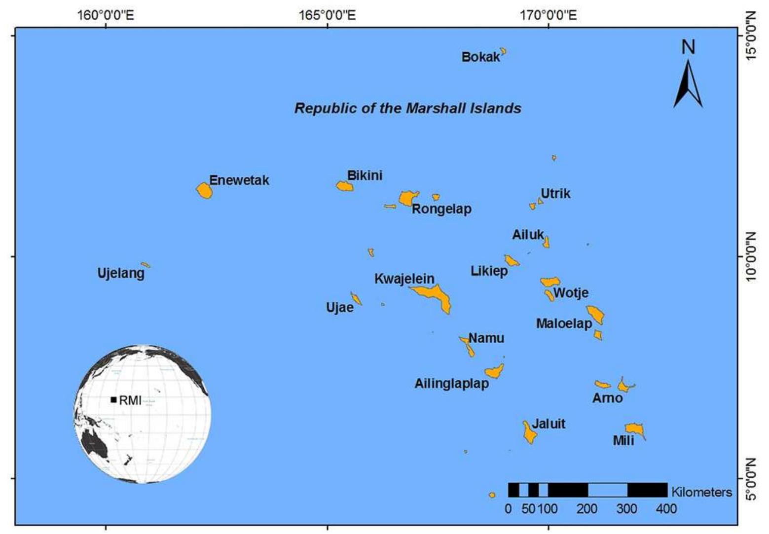 Map of the marshall islands showing the location of bikini
