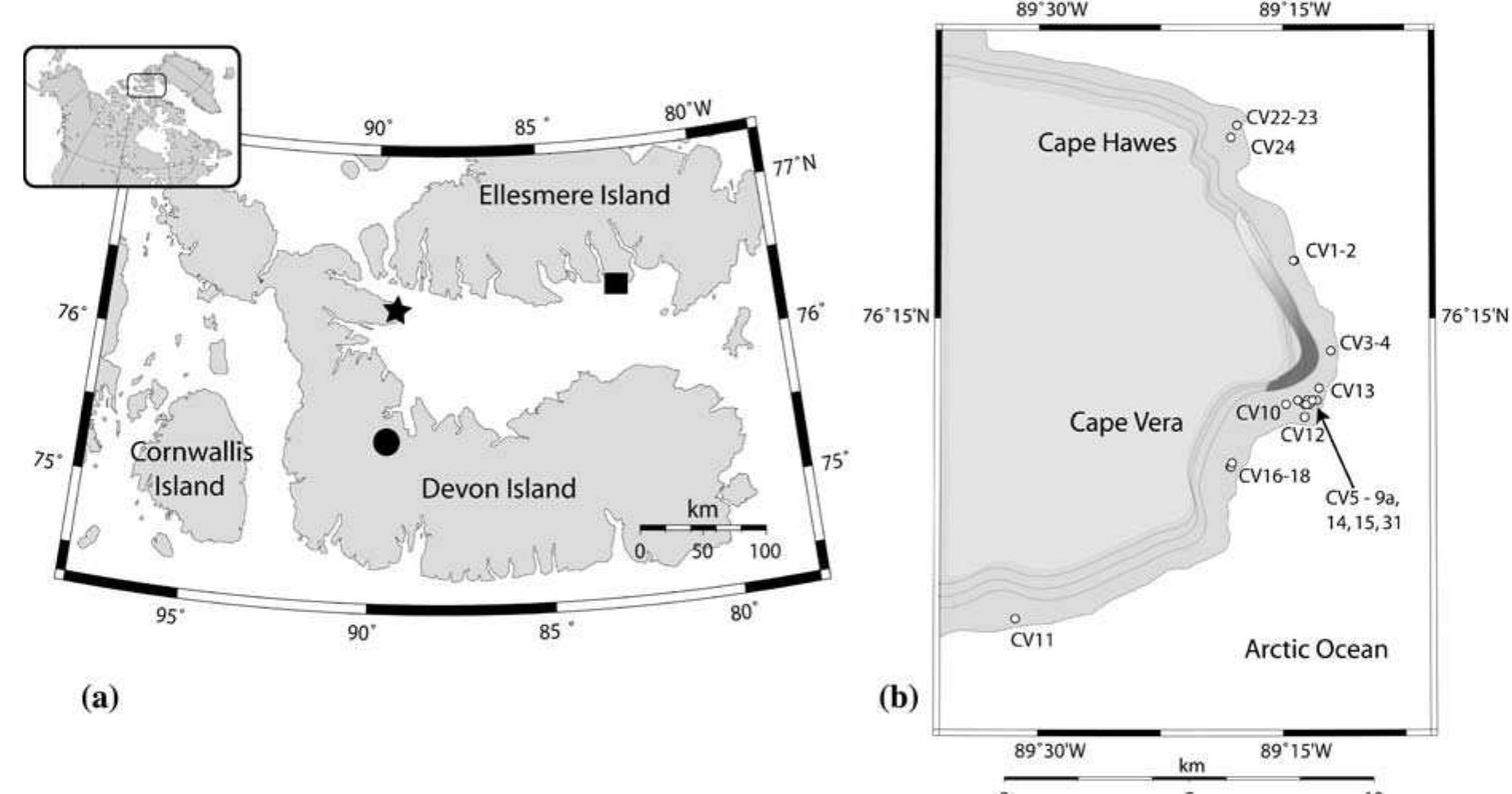 Map of study location at cape vera, devon island. map a