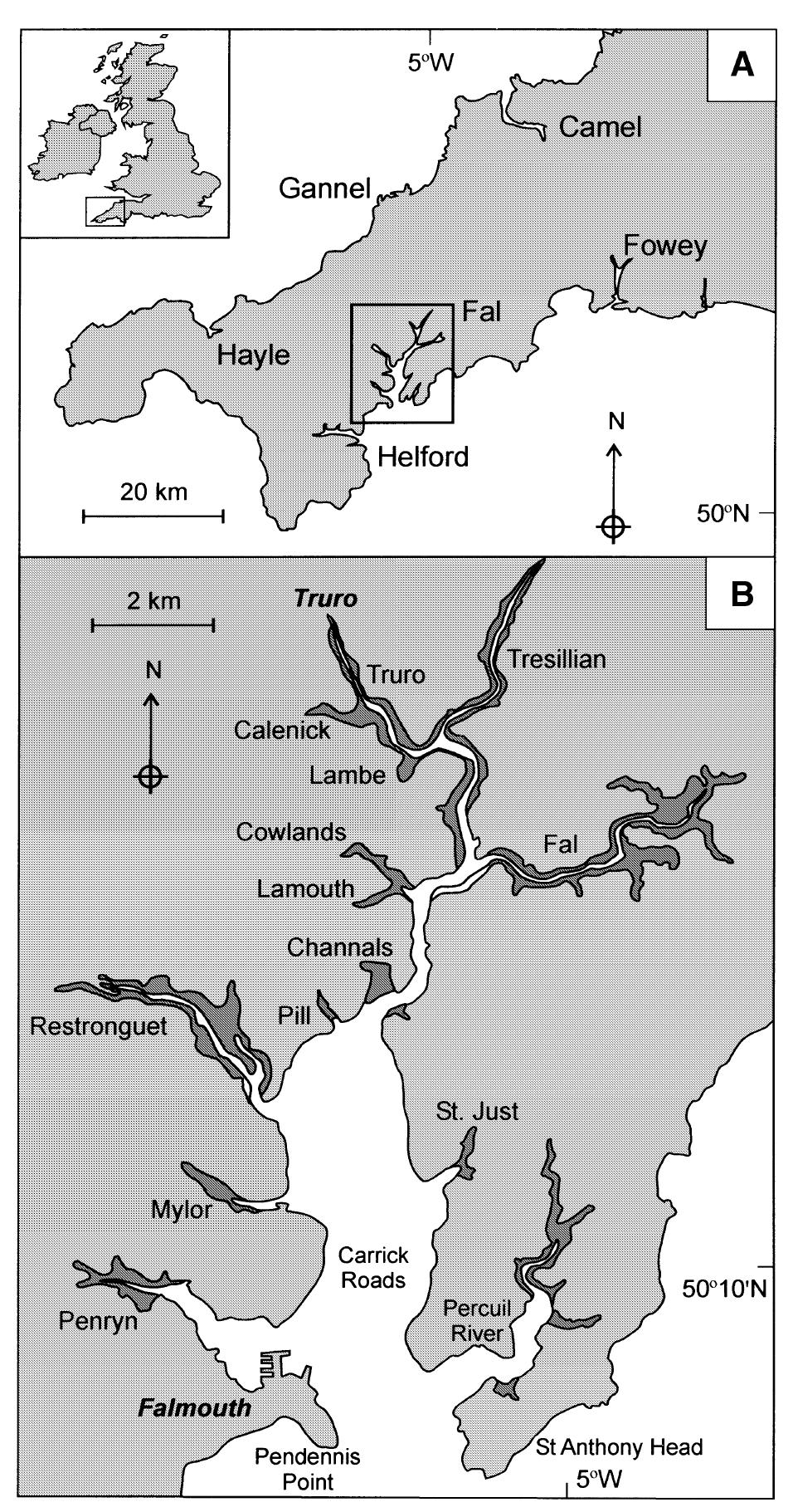 Maps showing (a) the major estuaries of corn- wall, uk, all
