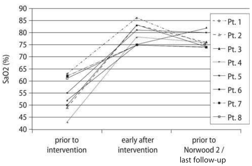 Development of arterial oxygen saturation in eight patients