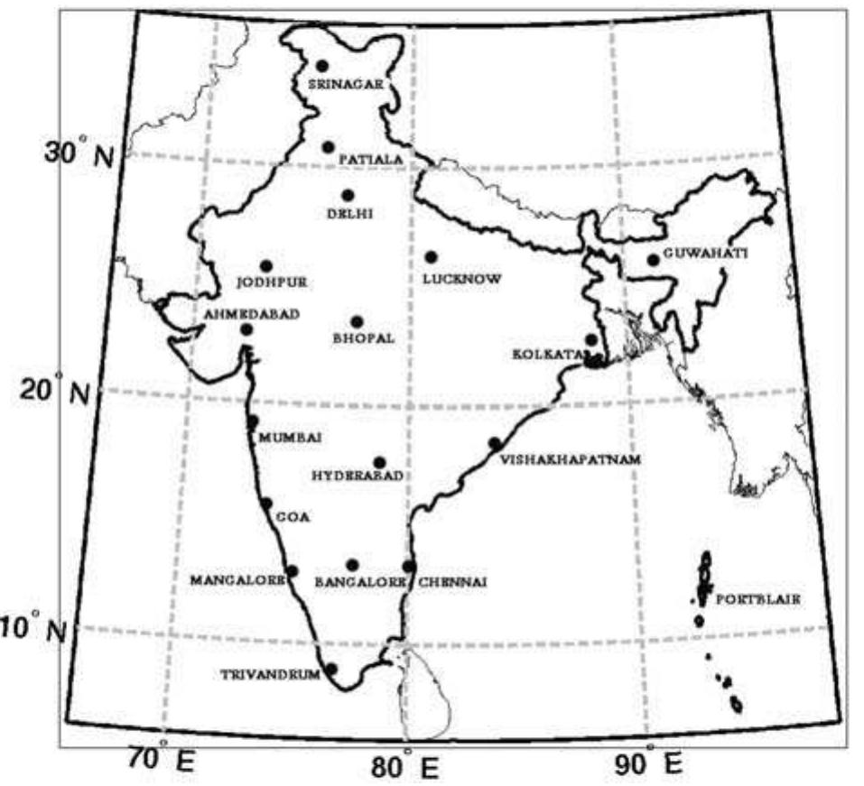 Map showing the location of 18 stations used for developing