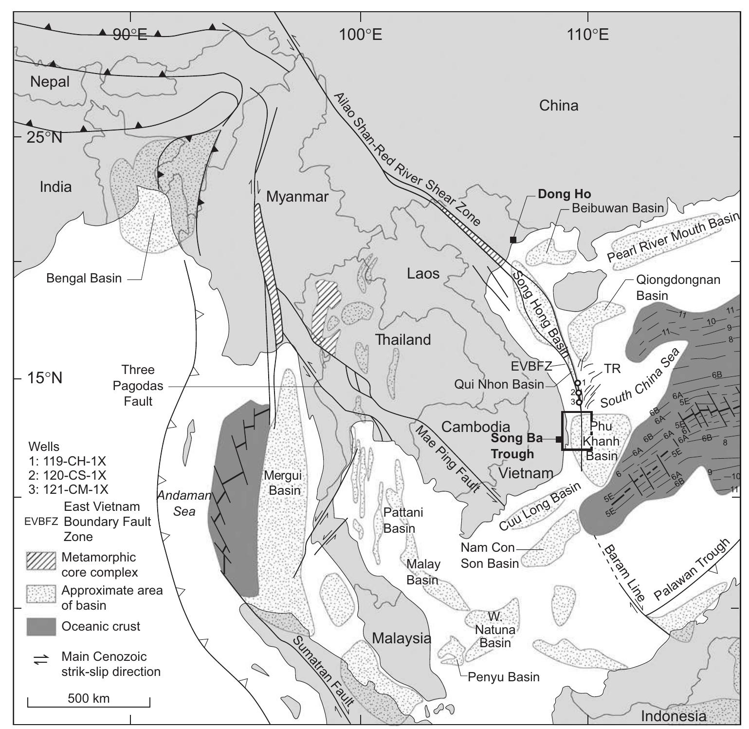 Location of major cainozoic basins and areas underlain by