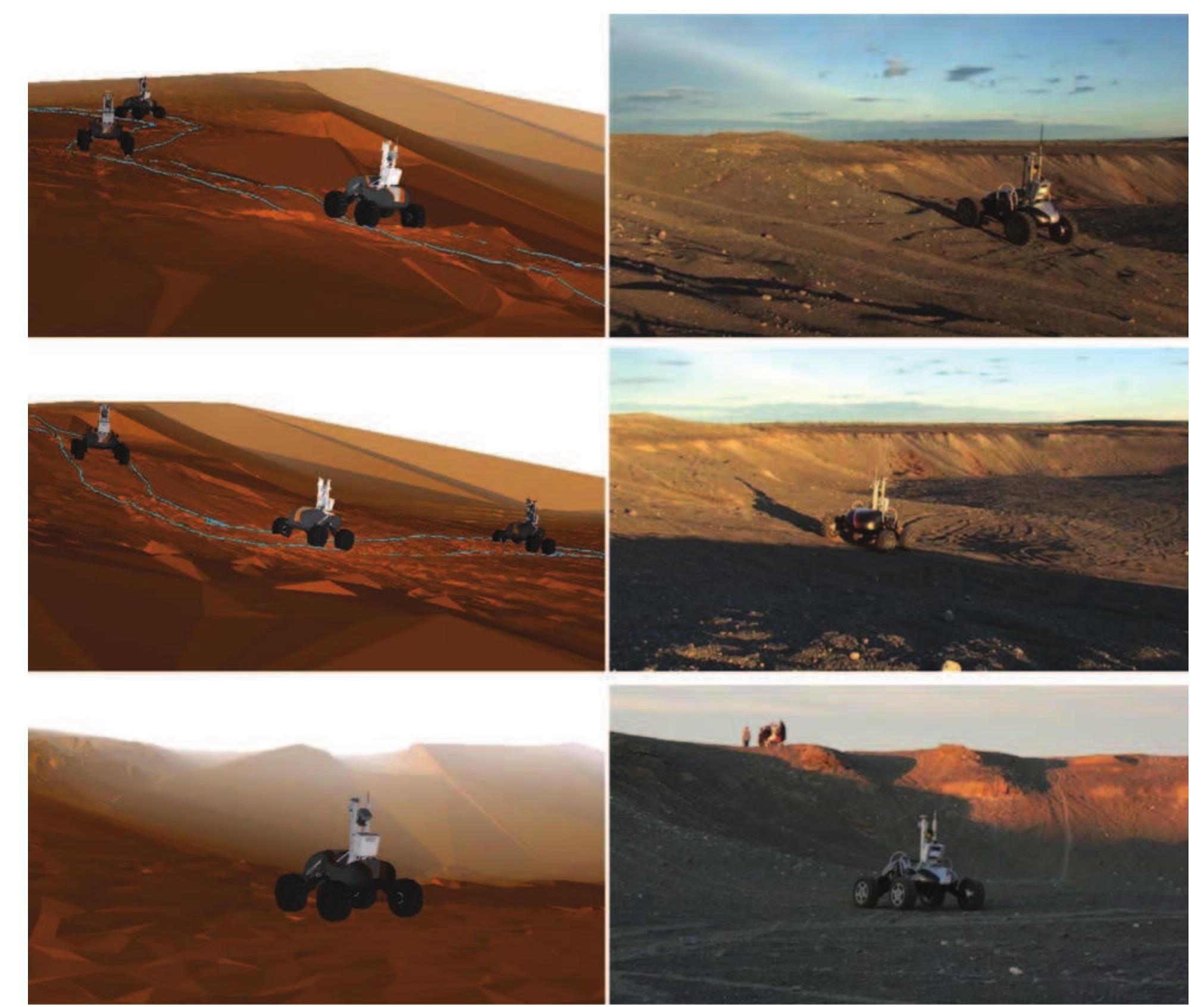 Images of the terrain model with actual rover tracks, in