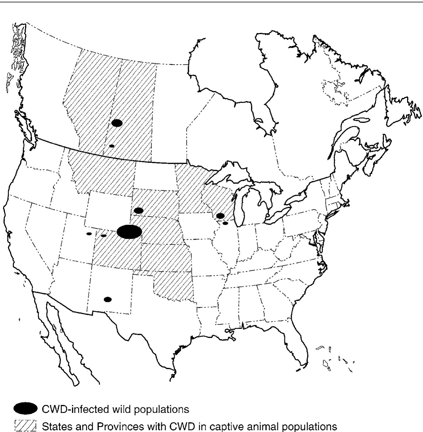 Map showing states and provinces where chronic wasting
