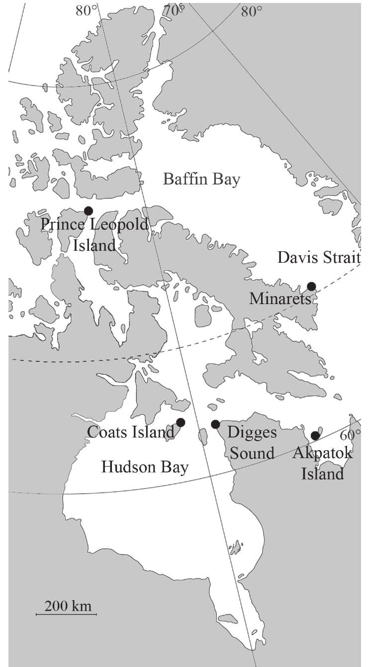 Map of thick-billed murre collection sites in the canadian