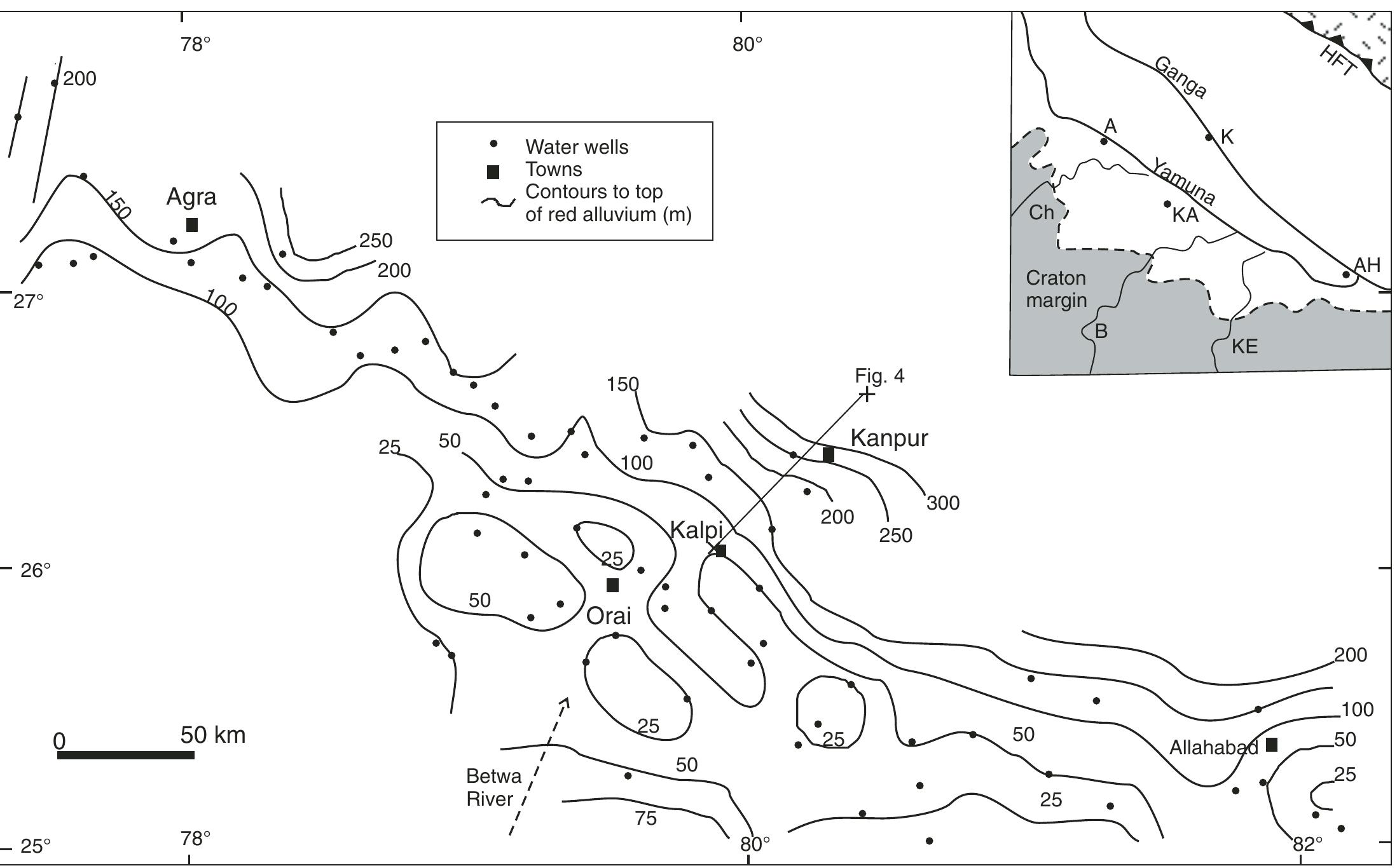Contour map of depth from surface to top of red alluvial