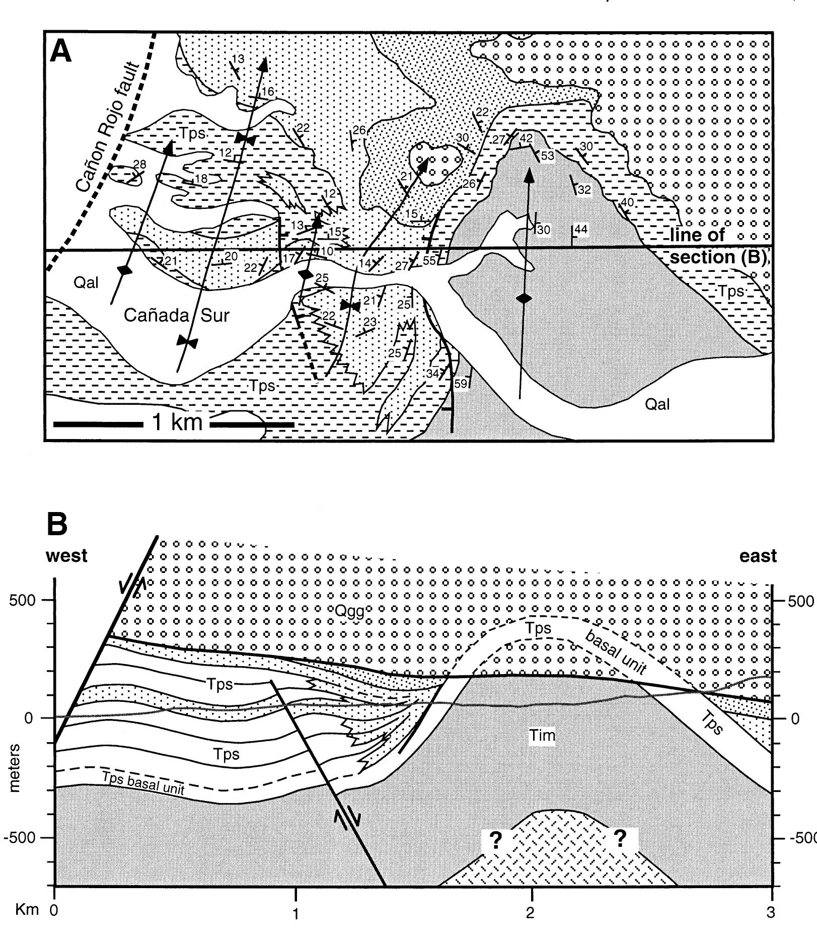 Detailed geological map (a) and cross-section (b) of growth