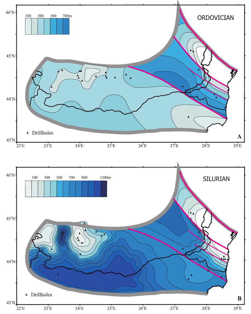 Isopach maps for the ordovician (a) and silurian (b) of the