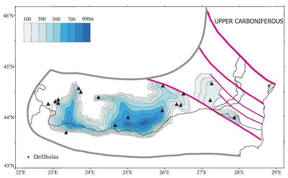 Isopach map for the upper carboniferous of the moesian