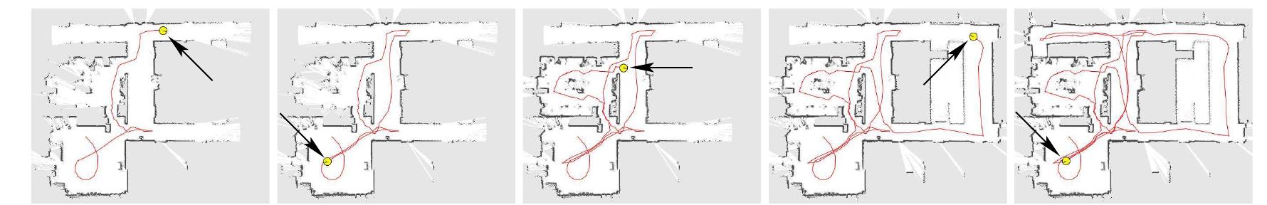 Five different stages of an autonomous exploration run on