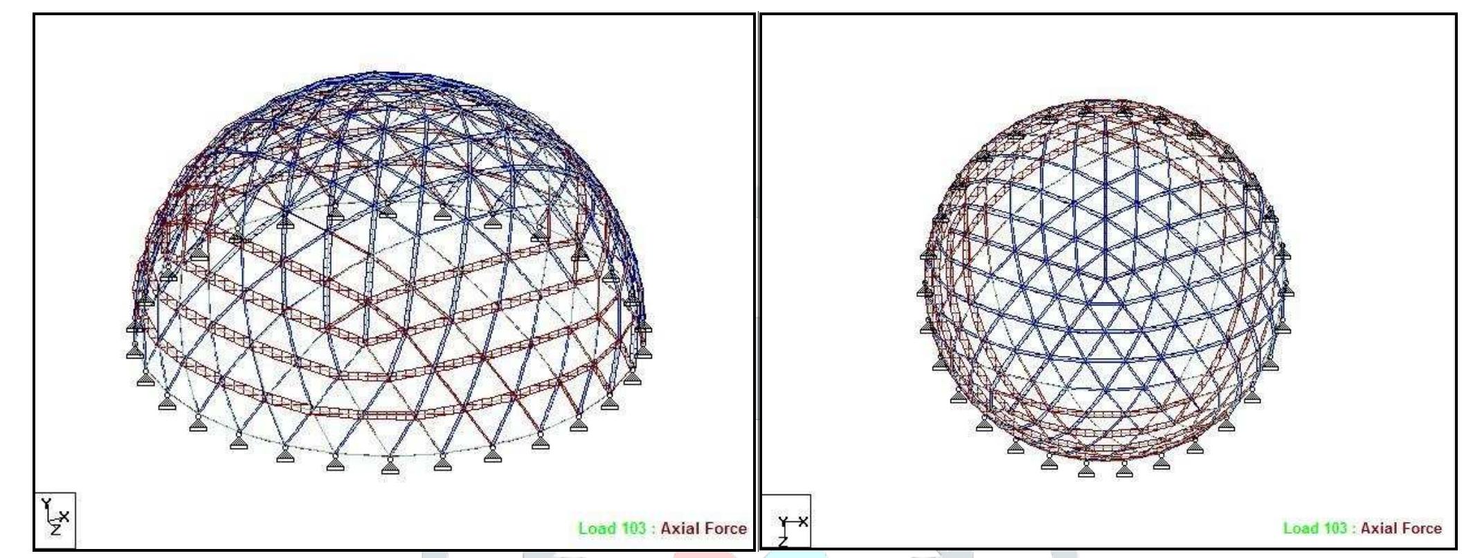 Isometric view and top view of axial force diagram for