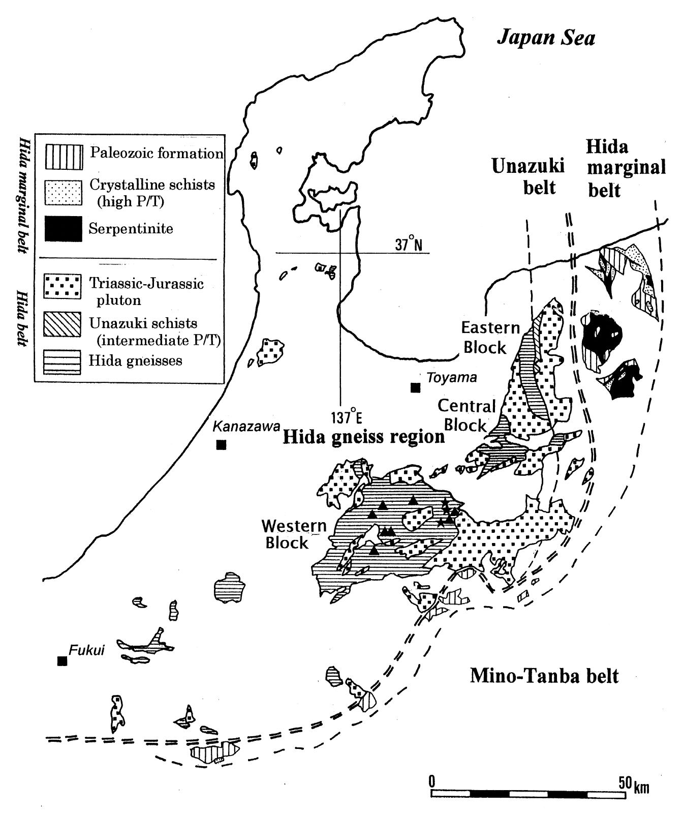 Simplified geologic map of the hida belt and the hida