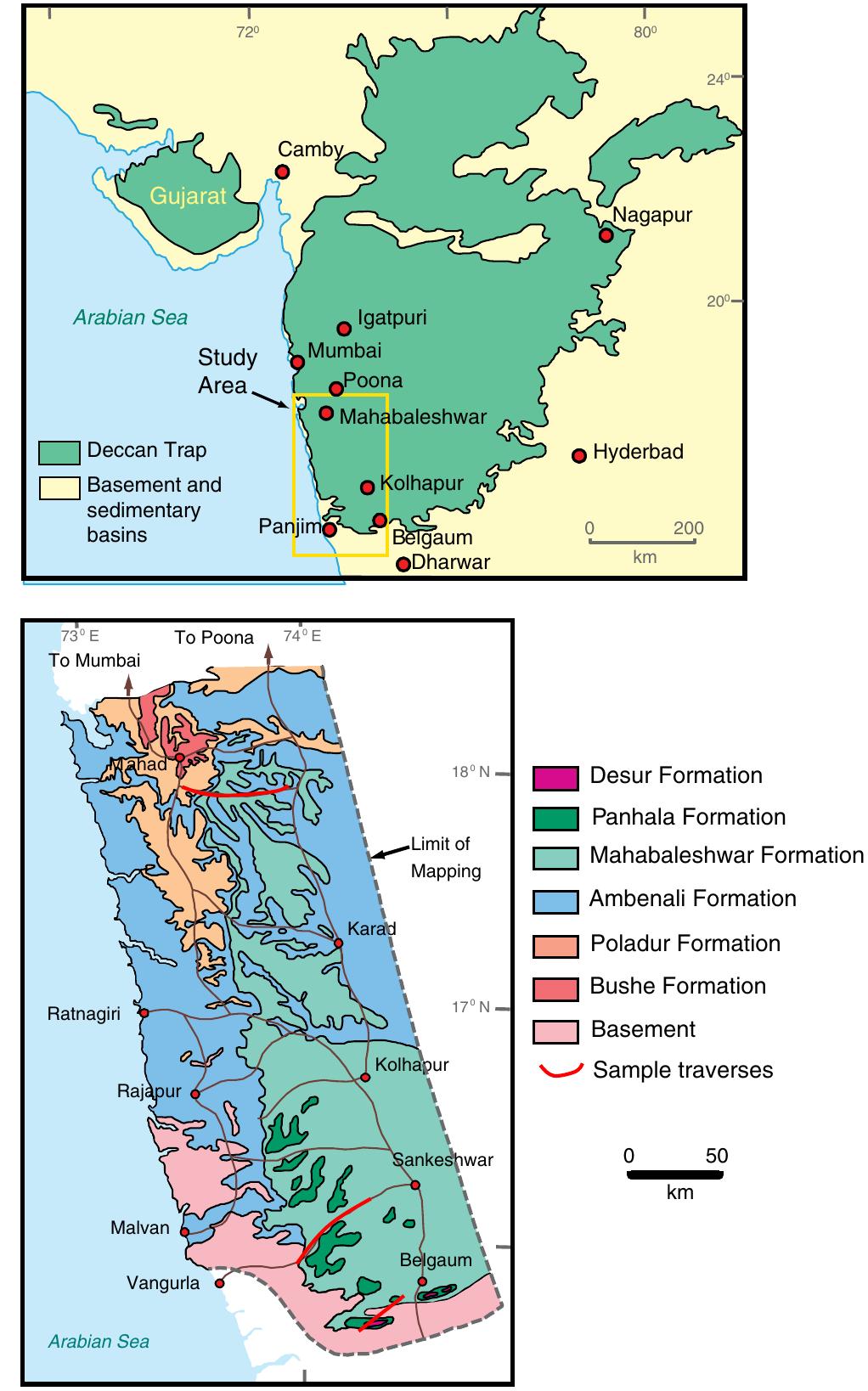 Geological map of the deccan trap showing the location of