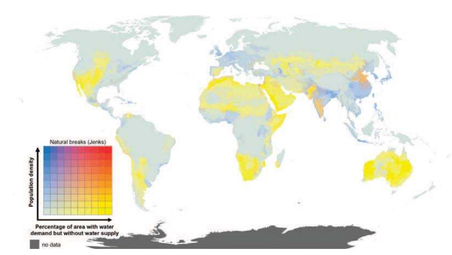 Choropleth bivariate map of population density vs. water
