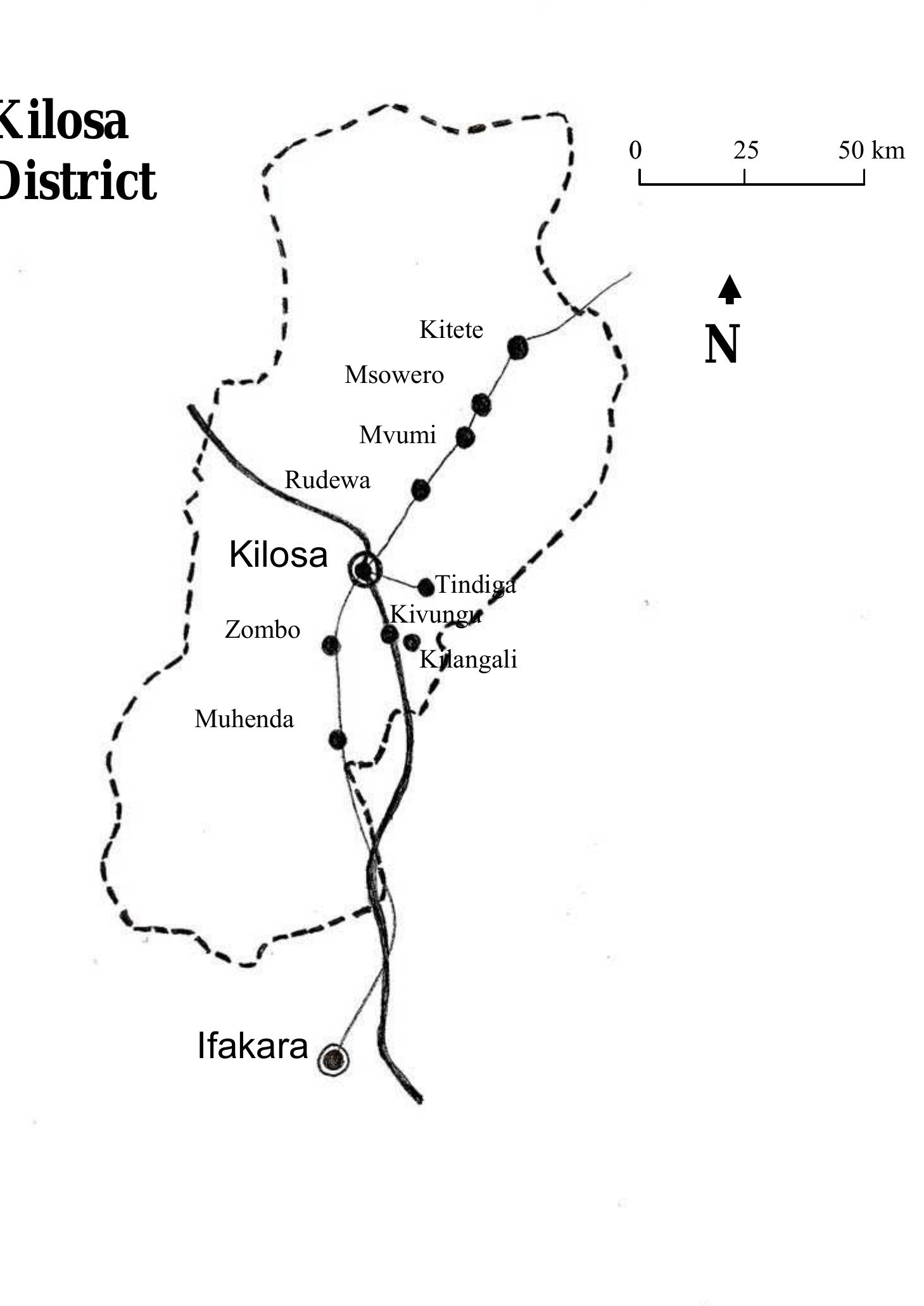 Map of kilosa district showing dispensary locations.