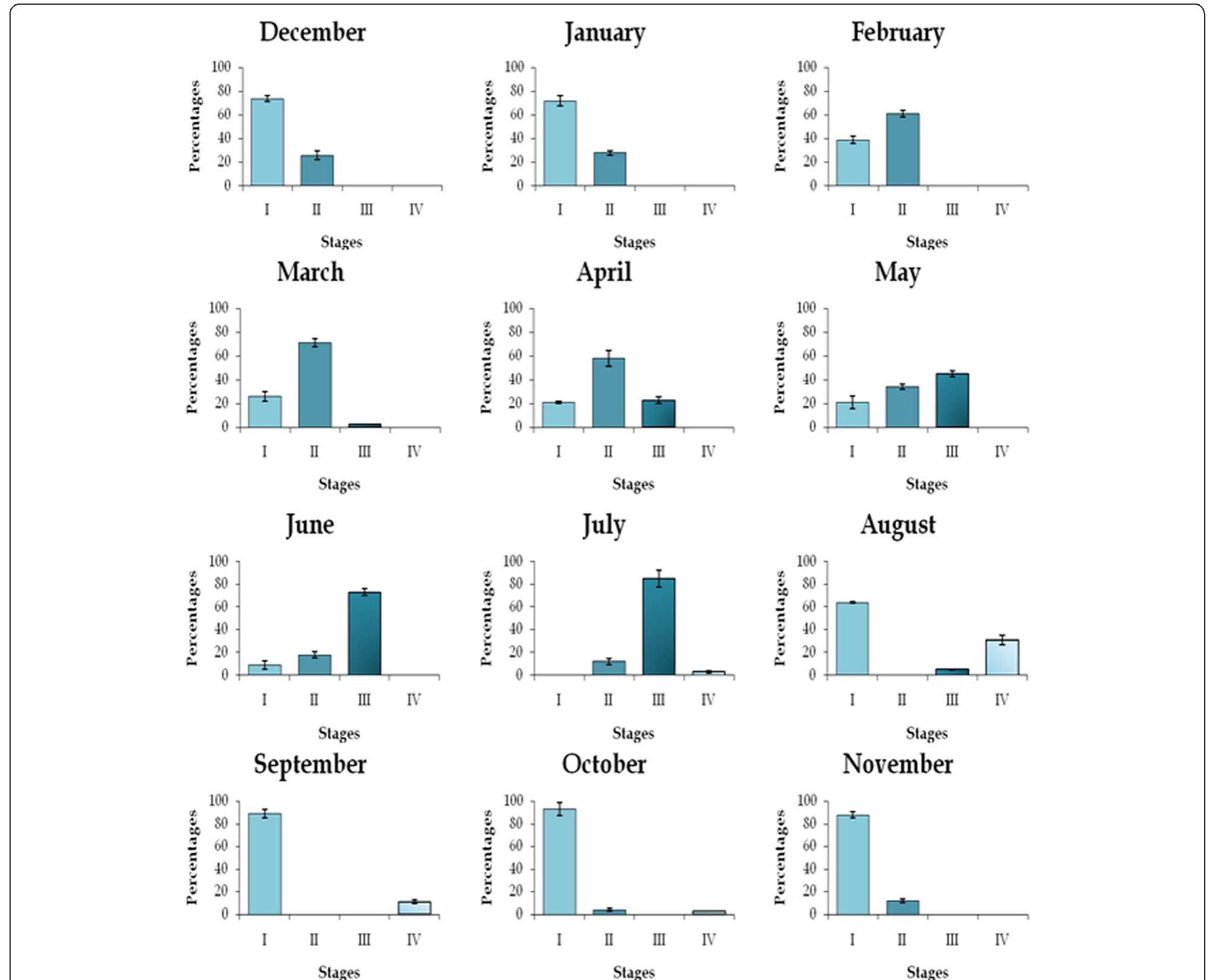 Monthly frequency distribution of maturity stages of c.