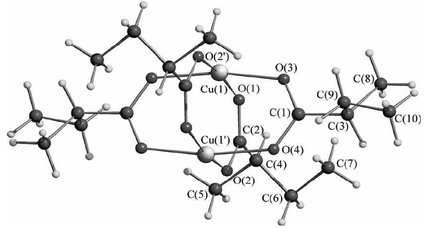 Molecular structure of a showing the typical paddlewheel