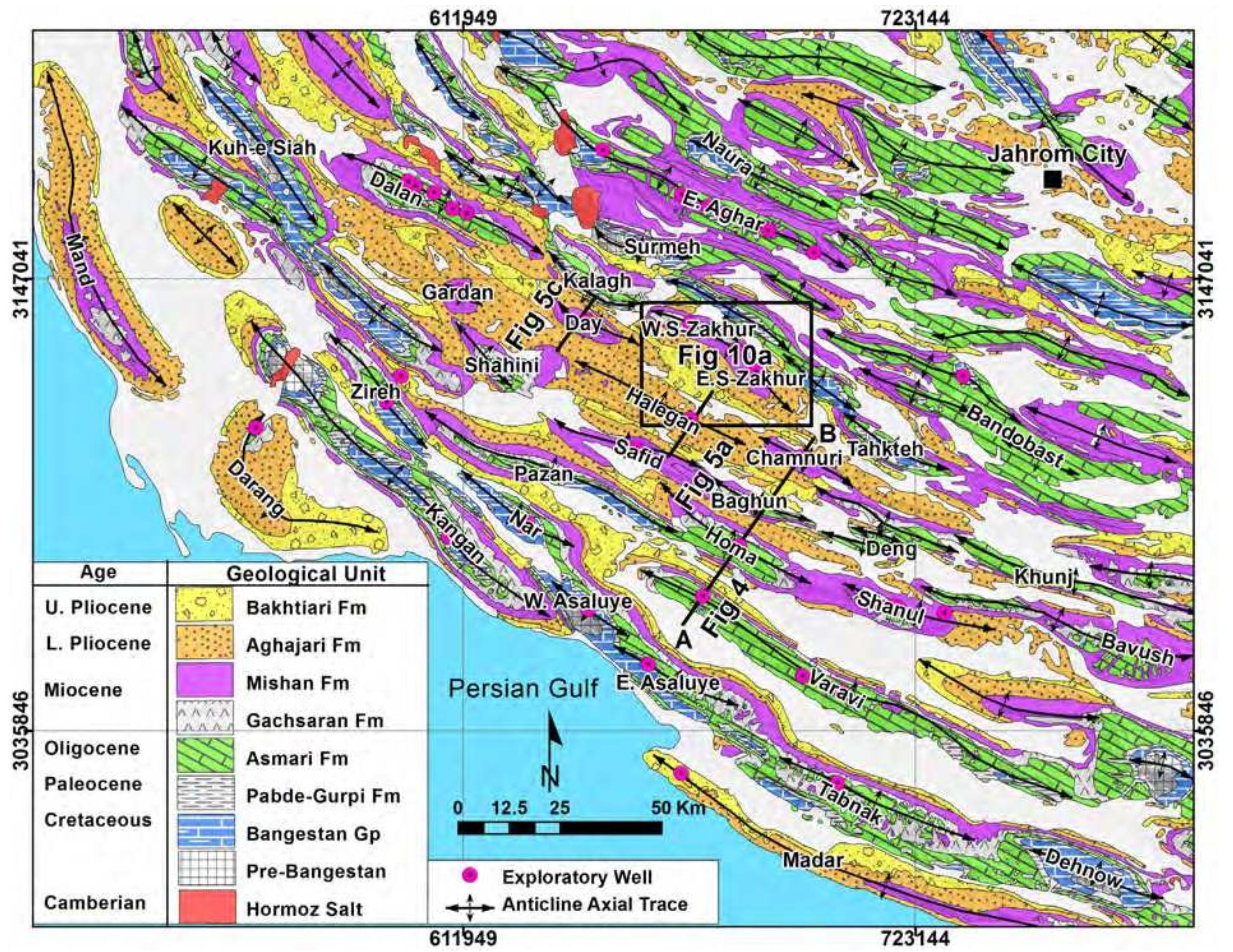 Geological map of the central frontal fars to show anticline