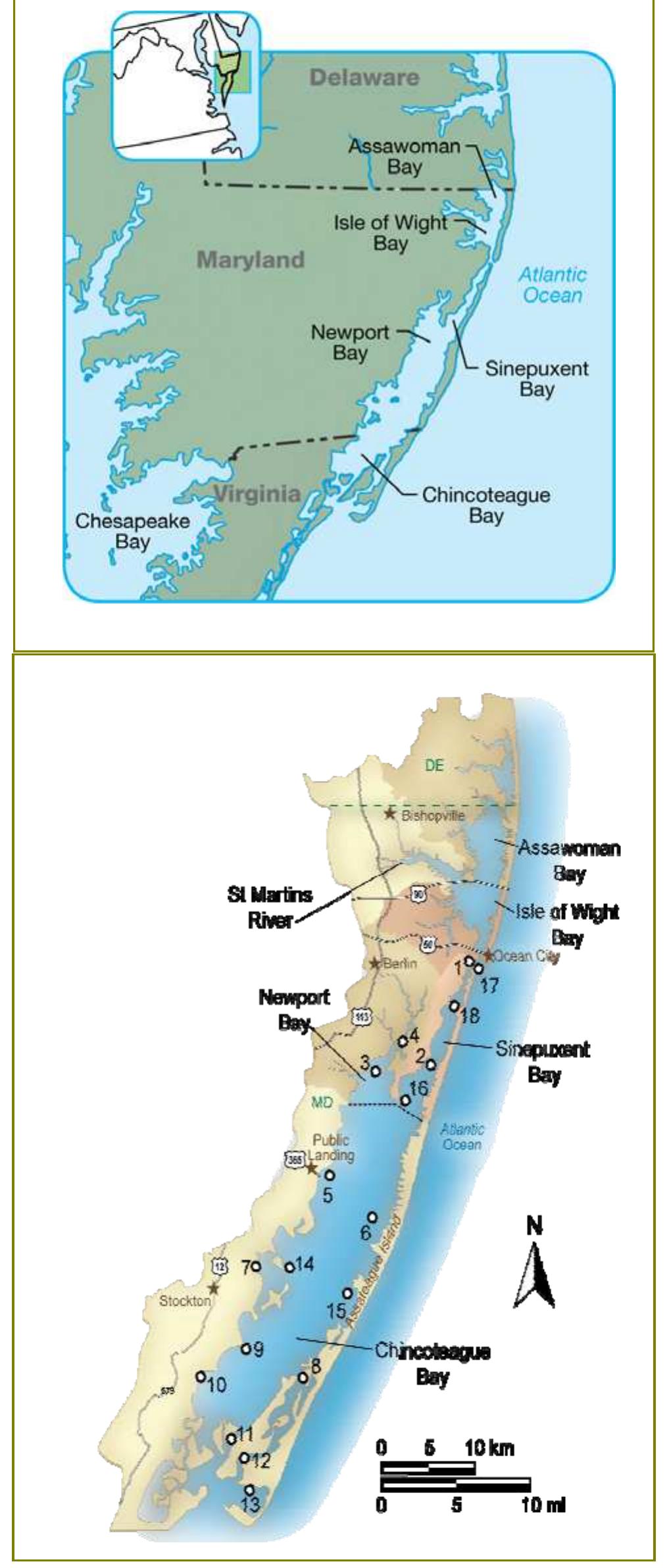 9.1. two maps of the coastal bays. the top map shows the